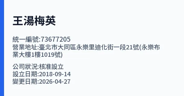 王湯梅英的照片-統編 73677205(臺北市) 公司登記資料與營業項目詳細圖表