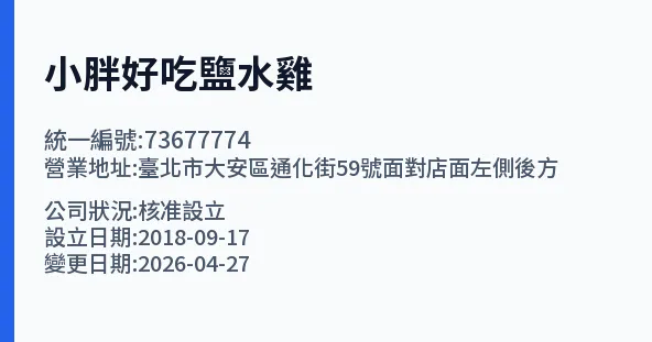 小胖好吃鹽水雞的照片-統編 73677774(臺北市) 公司登記資料與營業項目詳細圖表