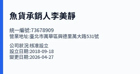 魚貨承銷人李美靜的照片-統編 73678909(臺北市) 公司登記資料與營業項目詳細圖表