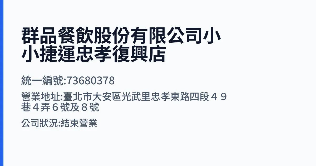 群品餐飲股份有限公司小小捷運忠孝復興店 - 統編 73680378(臺北市) 公司登記資料與營業項目詳細圖表