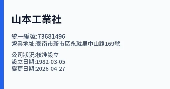 山本工業社的照片-統編 73681496(臺南市) 公司登記資料與營業項目詳細圖表