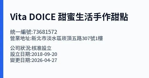 Vita DOICE 甜蜜生活手作甜點的照片-統編 73681572(新北市) 公司登記資料與營業項目詳細圖表