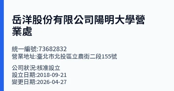 岳洋股份有限公司陽明大學營業處的照片-統編 73682832(臺北市) 公司登記資料與營業項目詳細圖表