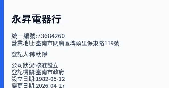 永昇電器行的照片-統編 73684260(臺南市) 公司登記資料與營業項目詳細圖表