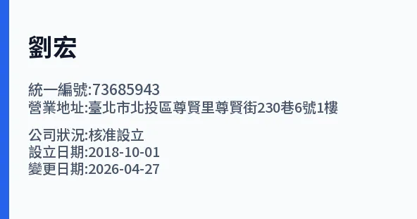 劉宏的照片-統編 73685943(臺北市) 公司登記資料與營業項目詳細圖表