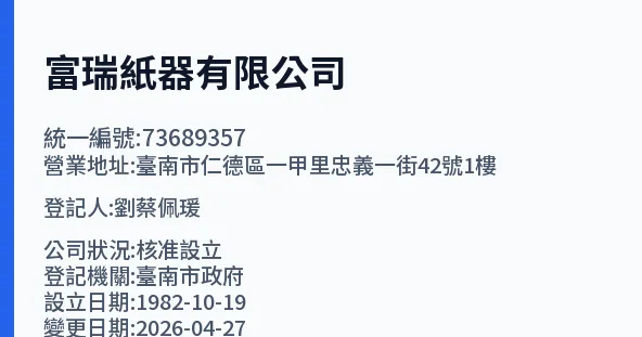 富瑞紙器有限公司的照片-統編 73689357(臺南市) 公司登記資料與營業項目詳細圖表