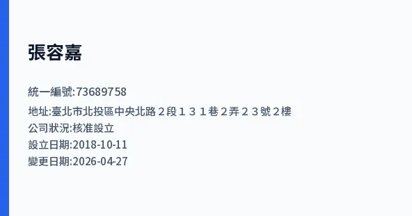 張容嘉的照片-統編 73689758(臺北市) 公司登記資料與營業項目詳細圖表