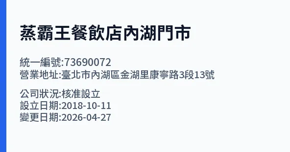 蒸霸王餐飲店內湖門市的照片-統編 73690072(臺北市) 公司登記資料與營業項目詳細圖表