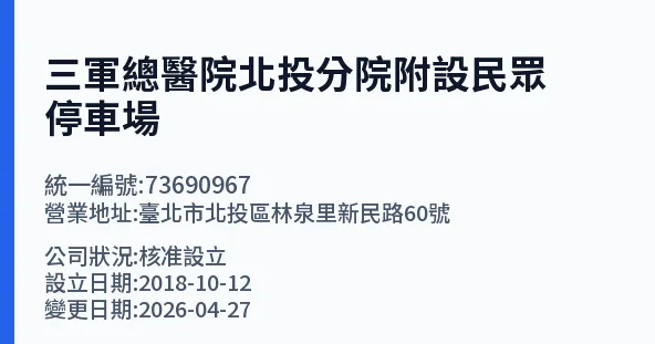 三軍總醫院北投分院附設民眾停車場的照片-統編 73690967(臺北市) 公司登記資料與營業項目詳細圖表
