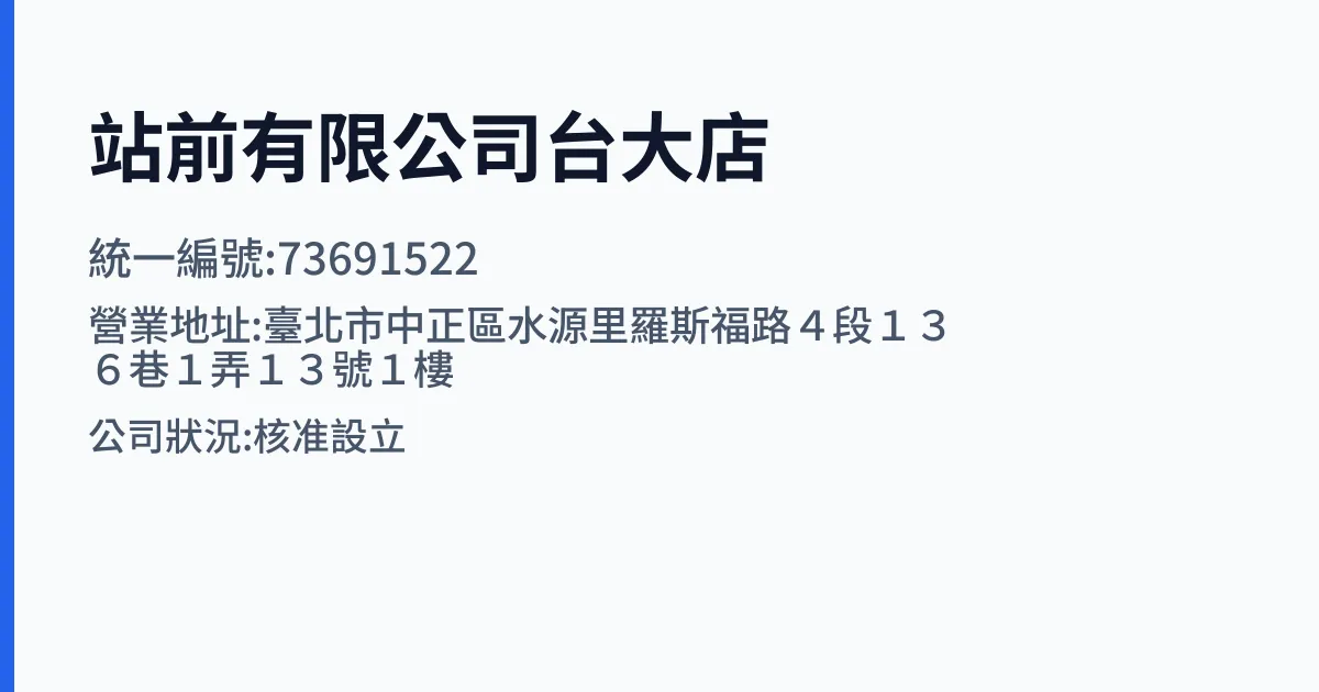 站前有限公司台大店 - 統編 73691522(臺北市) 公司登記資料與營業項目詳細圖表