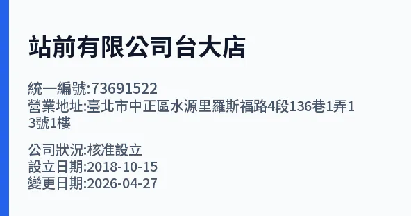 站前有限公司台大店的照片-統編 73691522(臺北市) 公司登記資料與營業項目詳細圖表