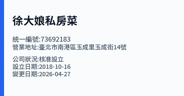 徐大娘私房菜的照片-統編 73692183(臺北市) 公司登記資料與營業項目詳細圖表