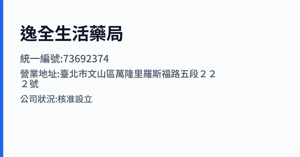 逸全生活藥局 - 統編 73692374(臺北市) 公司登記資料與營業項目詳細圖表
