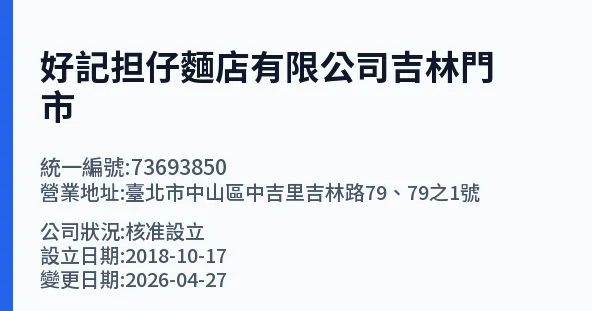好記担仔麵店有限公司吉林門市的照片-統編 73693850(臺北市) 公司登記資料與營業項目詳細圖表