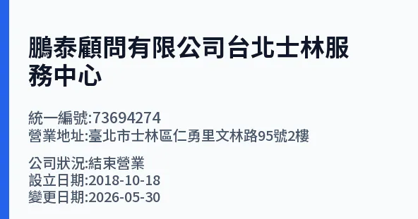 鵬泰顧問有限公司台北士林服務中心的照片-統編 73694274(臺北市) 公司登記資料與營業項目詳細圖表