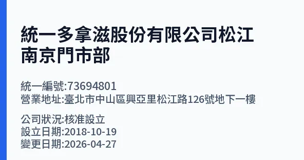 統一多拿滋股份有限公司松江南京門市部的照片-統編 73694801(臺北市) 公司登記資料與營業項目詳細圖表
