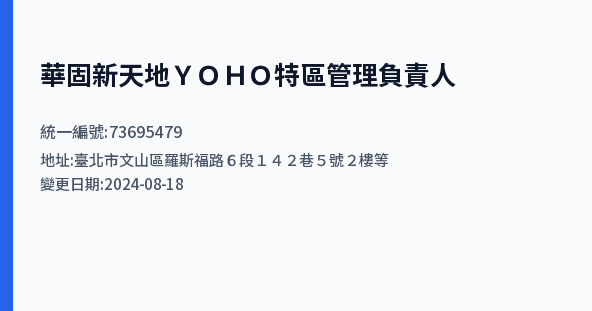 華固新天地YOHO特區管理負責人的照片-統編 73695479(臺北市) 公司登記資料與營業項目詳細圖表