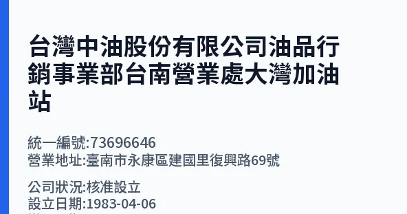 台灣中油股份有限公司油品行銷事業部台南營業處大灣加油站的照片-統編 73696646(臺南市) 公司登記資料與營業項目詳細圖表