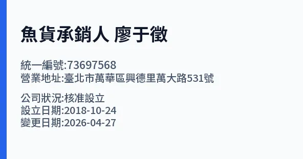 魚貨承銷人 廖于徵的照片-統編 73697568(臺北市) 公司登記資料與營業項目詳細圖表