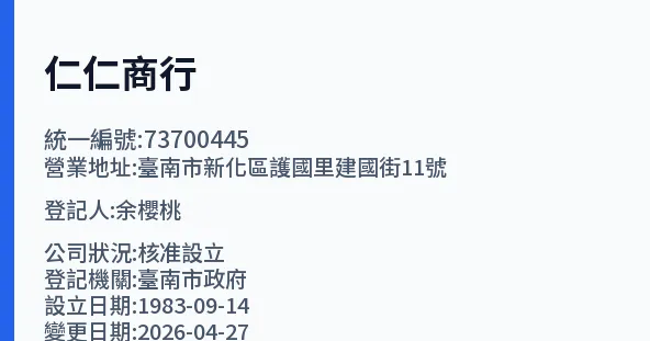仁仁商行的照片-統編 73700445(臺南市) 公司登記資料與營業項目詳細圖表