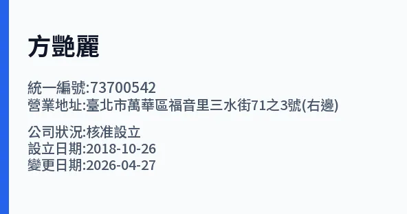 方艷麗的照片-統編 73700542(臺北市) 公司登記資料與營業項目詳細圖表