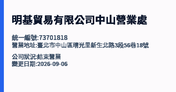 明基貿易有限公司中山營業處的照片-統編 73701818(臺北市) 公司登記資料與營業項目詳細圖表