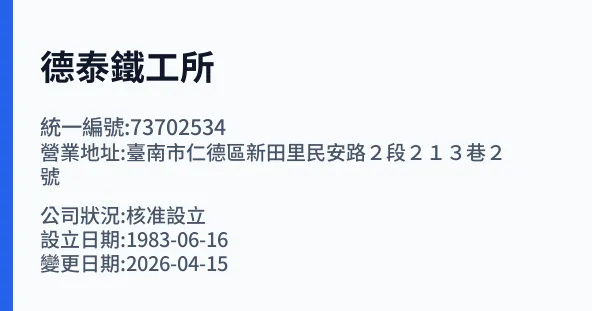 德泰鐵工所的照片-統編 73702534(臺南市) 公司登記資料與營業項目詳細圖表