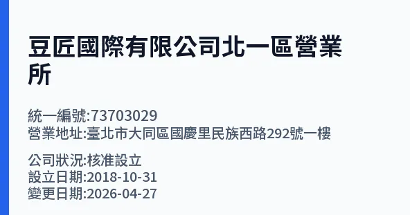 豆匠國際有限公司北一區營業所的照片-統編 73703029(臺北市) 公司登記資料與營業項目詳細圖表
