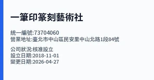 一筆印篆刻藝術社的照片-統編 73704060(臺北市) 公司登記資料與營業項目詳細圖表