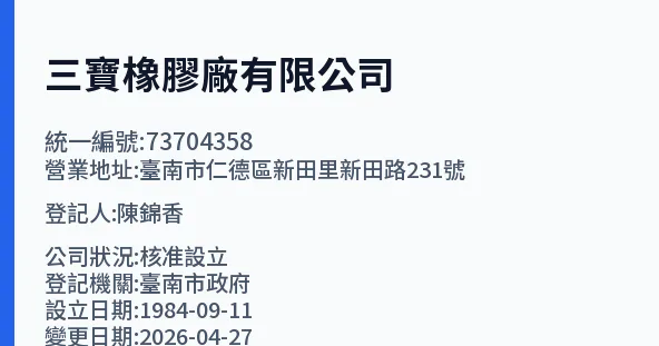 三寶橡膠廠有限公司的照片-統編 73704358(臺南市) 公司登記資料與營業項目詳細圖表