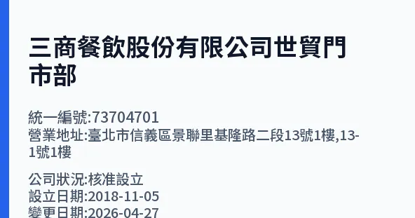 三商餐飲股份有限公司世貿門市部的照片-統編 73704701(臺北市) 公司登記資料與營業項目詳細圖表