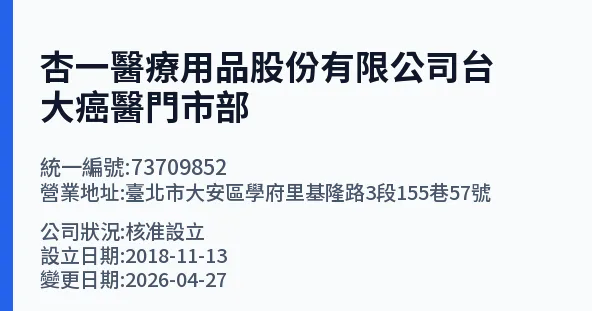 杏一醫療用品股份有限公司台大癌醫門市部的照片-統編 73709852(臺北市) 公司登記資料與營業項目詳細圖表