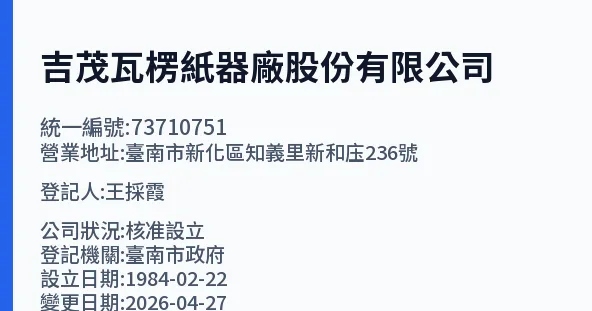 吉茂瓦楞紙器廠股份有限公司的照片-統編 73710751(臺南市) 公司登記資料與營業項目詳細圖表