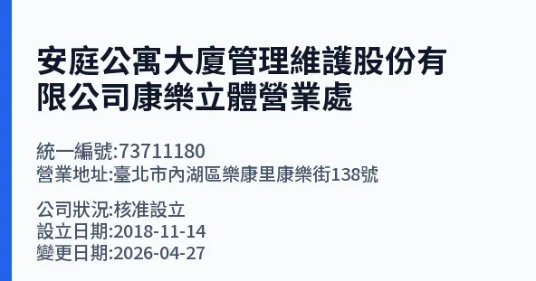 安庭公寓大廈管理維護股份有限公司康樂立體營業處的照片-統編 73711180(臺北市) 公司登記資料與營業項目詳細圖表