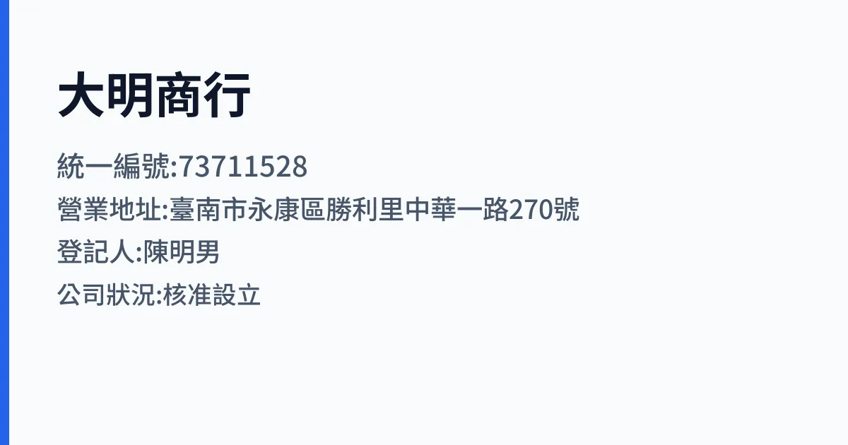 大明商行 - 統編 73711528(臺南市) 公司登記資料與營業項目詳細圖表