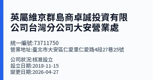 英屬維京群島商卓誠投資有限公司台灣分公司大安營業處的照片-統編 73711750(臺北市) 公司登記資料與營業項目詳細圖表
