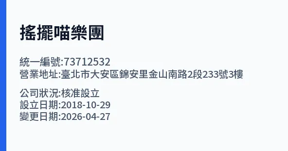 搖擺喵樂團的照片-統編 73712532(臺北市) 公司登記資料與營業項目詳細圖表