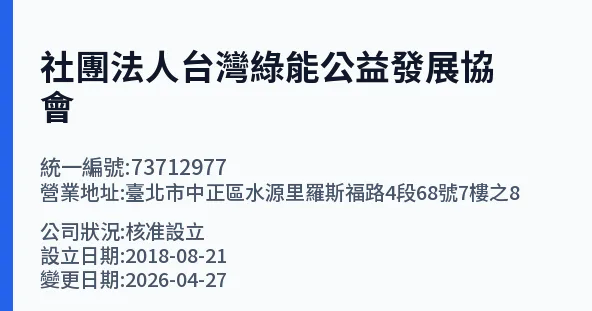 社團法人台灣綠能公益發展協會的照片-統編 73712977(臺北市) 公司登記資料與營業項目詳細圖表