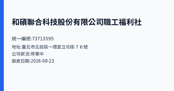 和碩聯合科技股份有限公司職工福利社的照片-統編 73713595(臺北市) 公司登記資料與營業項目詳細圖表