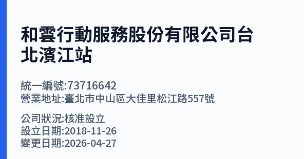 和雲行動服務股份有限公司台北濱江站的照片-統編 73716642(臺北市) 公司登記資料與營業項目詳細圖表
