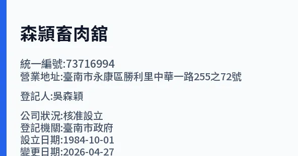 森頴畜肉舘的照片-統編 73716994(臺南市) 公司登記資料與營業項目詳細圖表