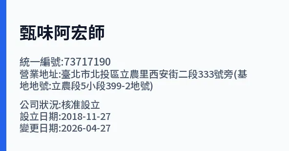 甄味阿宏師的照片-統編 73717190(臺北市) 公司登記資料與營業項目詳細圖表