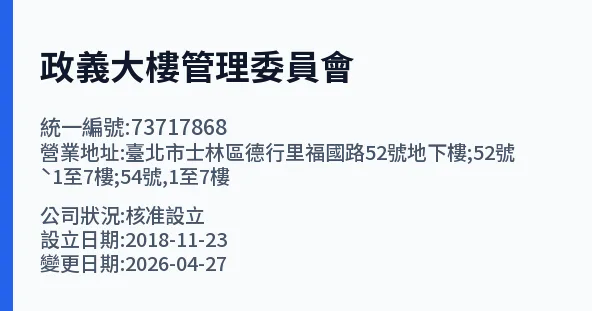 政義大樓管理委員會的照片-統編 73717868(臺北市) 公司登記資料與營業項目詳細圖表
