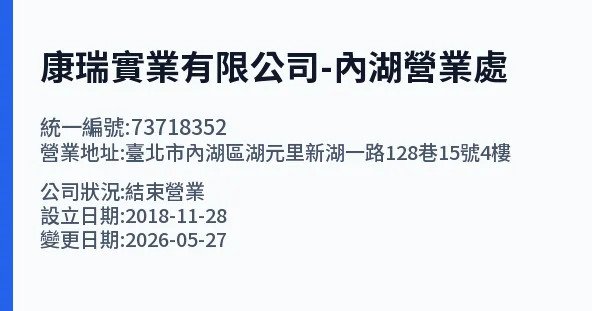 康瑞實業有限公司-內湖營業處的照片-統編 73718352(臺北市) 公司登記資料與營業項目詳細圖表