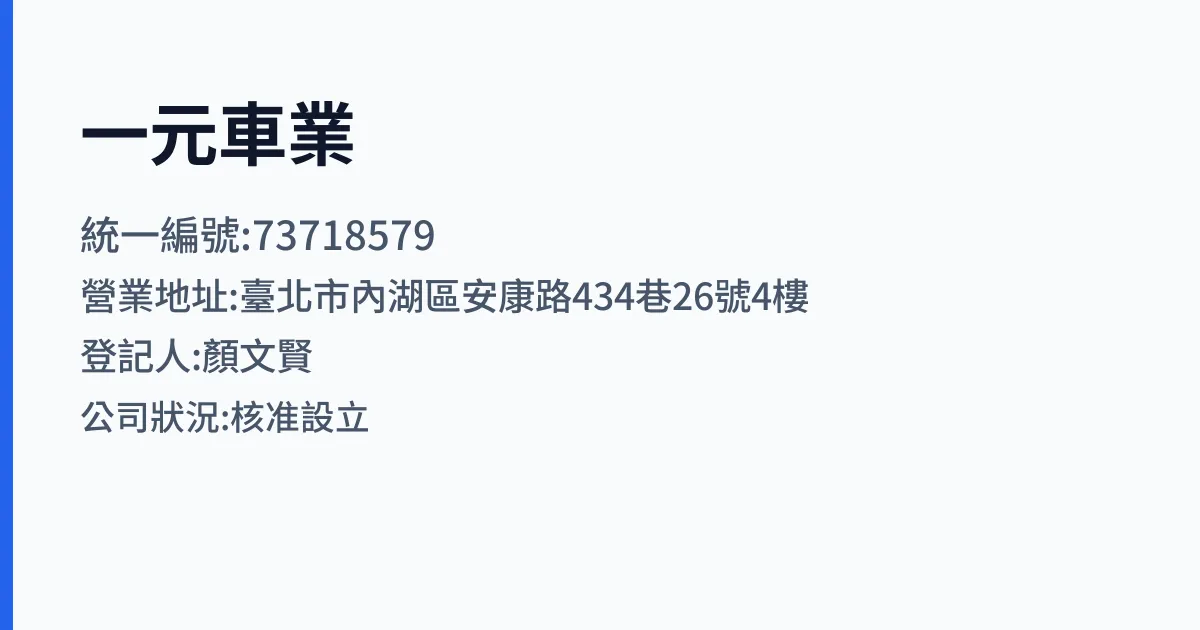 一元車業 - 統編 73718579(臺北市) 公司登記資料與營業項目詳細圖表