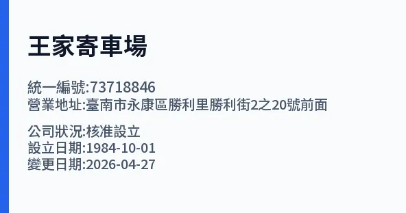 王家寄車場的照片-統編 73718846(臺南市) 公司登記資料與營業項目詳細圖表