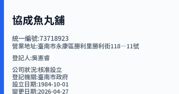 協成魚丸舖的照片-統編 73718923(臺南市) 公司登記資料與營業項目詳細圖表