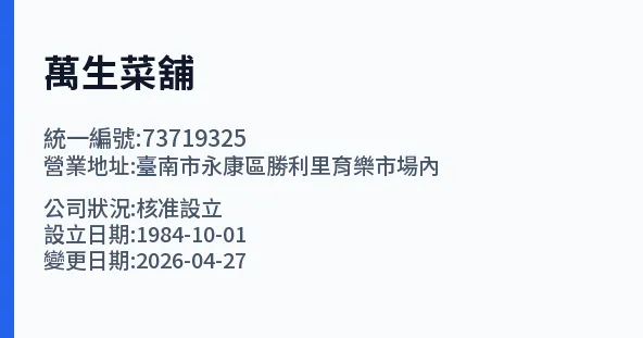 萬生菜舖的照片-統編 73719325(臺南市) 公司登記資料與營業項目詳細圖表