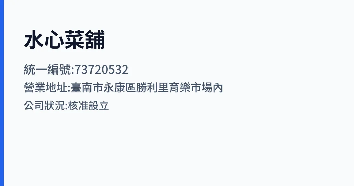 水心菜舖 - 統編 73720532(臺南市) 公司登記資料與營業項目詳細圖表