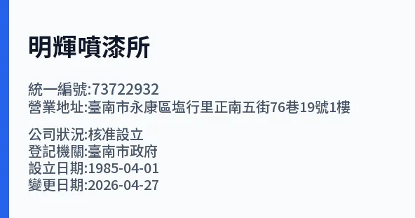明輝噴漆所的照片-統編 73722932(臺南市) 公司登記資料與營業項目詳細圖表